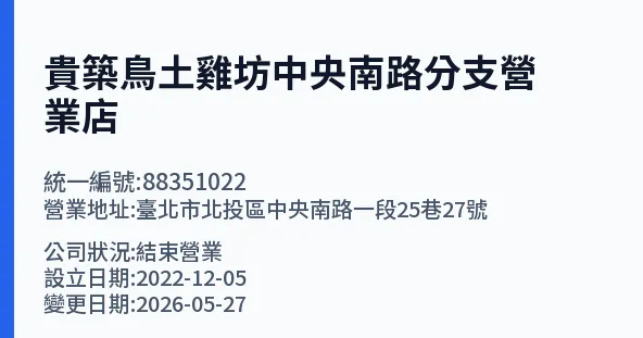 貴築鳥土雞坊中央南路分支營業店的照片-統編 88351022(臺北市) 公司登記資料與營業項目詳細圖表
