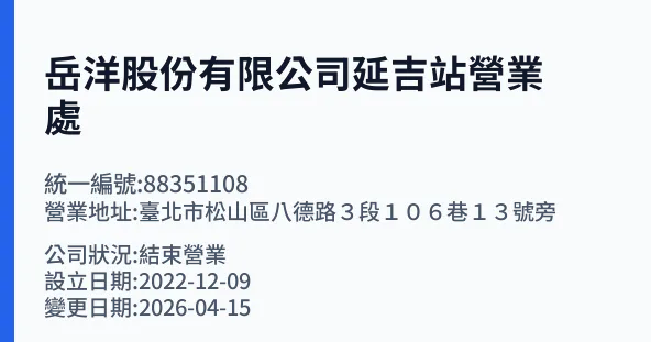 岳洋股份有限公司延吉站營業處的照片-統編 88351108(臺北市) 公司登記資料與營業項目詳細圖表