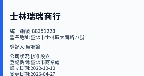 士林瑞瑞商行的照片-統編 88351228(臺北市) 公司登記資料與營業項目詳細圖表