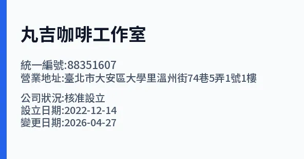 丸吉咖啡工作室的照片-統編 88351607(臺北市) 公司登記資料與營業項目詳細圖表