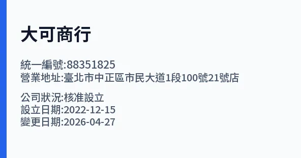 大可商行的照片-統編 88351825(臺北市) 公司登記資料與營業項目詳細圖表