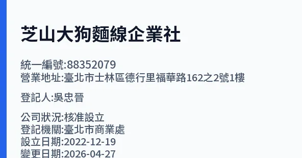 芝山大狗麵線企業社的照片-統編 88352079(臺北市) 公司登記資料與營業項目詳細圖表