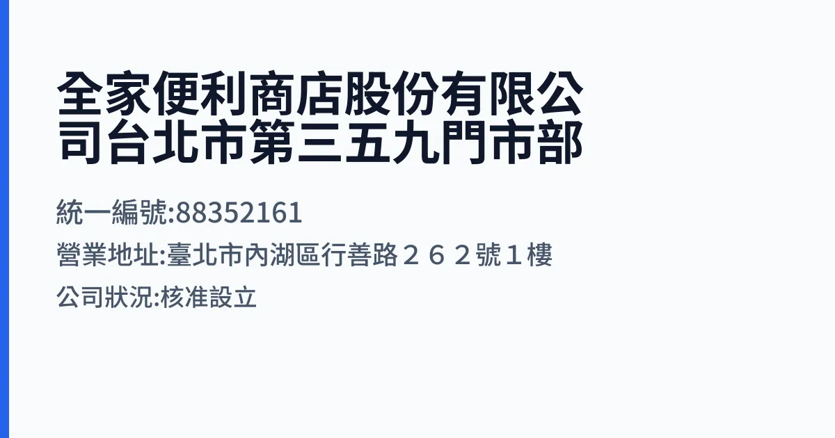 全家便利商店股份有限公司台北市第三五九門市部 - 統編 88352161(臺北市) 公司登記資料與營業項目詳細圖表