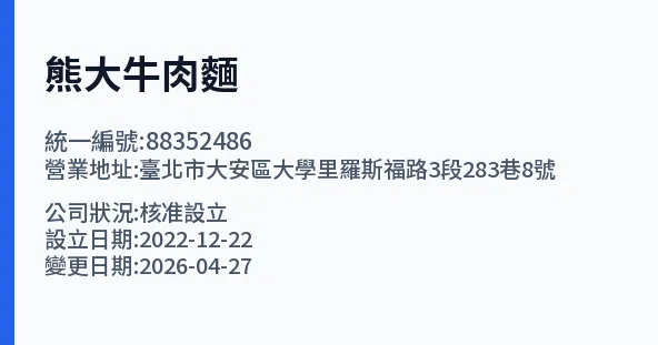 熊大牛肉麵的照片-統編 88352486(臺北市) 公司登記資料與營業項目詳細圖表