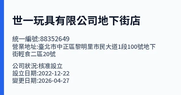 世一玩具有限公司地下街店的照片-統編 88352649(臺北市) 公司登記資料與營業項目詳細圖表