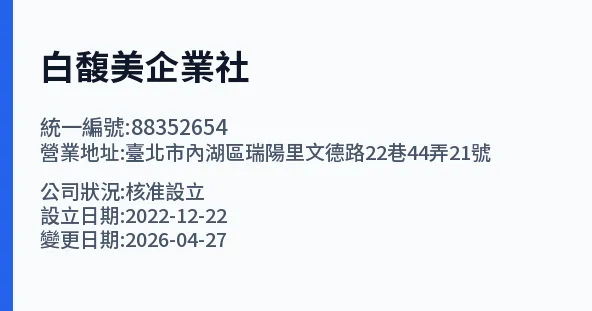 白馥美企業社的照片-統編 88352654(臺北市) 公司登記資料與營業項目詳細圖表