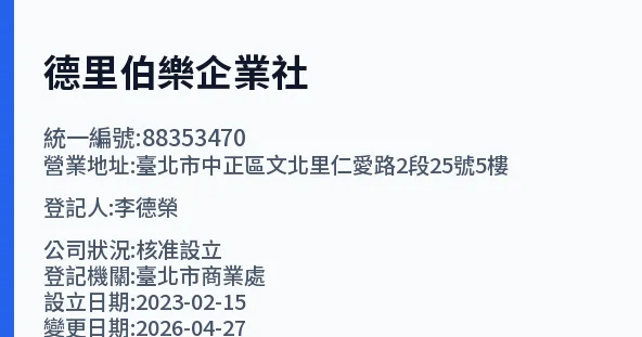 德里伯樂企業社的照片-統編 88353470(臺北市) 公司登記資料與營業項目詳細圖表