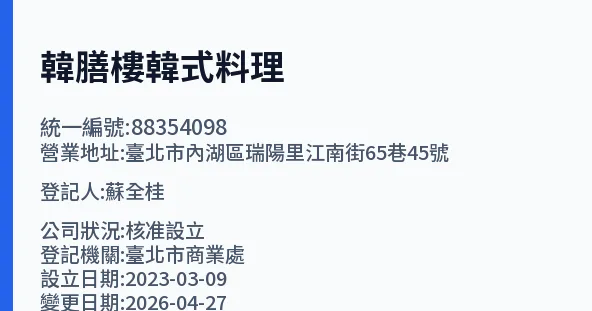 韓膳樓韓式料理的照片-統編 88354098(臺北市) 公司登記資料與營業項目詳細圖表