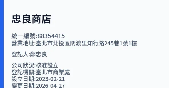 忠良商店的照片-統編 88354415(臺北市) 公司登記資料與營業項目詳細圖表