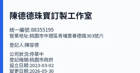 陳德德珠寶訂製工作室的照片-統編 88355195(桃園市) 公司登記資料與營業項目詳細圖表