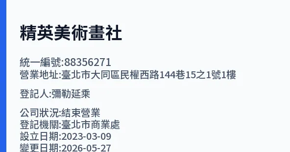 精英美術畫社的照片-統編 88356271(臺北市) 公司登記資料與營業項目詳細圖表