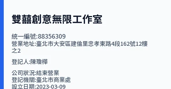 雙囍創意無限工作室的照片-統編 88356309(臺北市) 公司登記資料與營業項目詳細圖表