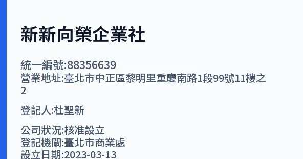 新新向榮企業社的照片-統編 88356639(臺北市) 公司登記資料與營業項目詳細圖表