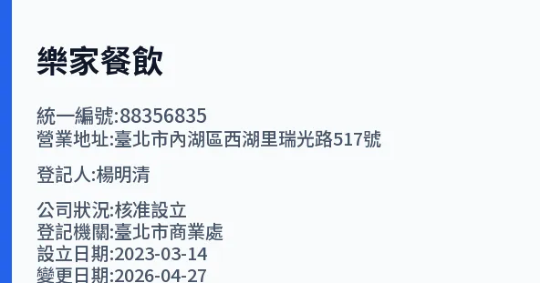樂家餐飲的照片-統編 88356835(臺北市) 公司登記資料與營業項目詳細圖表
