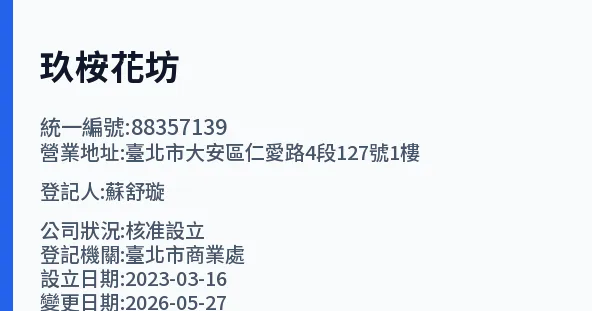 玖桉花坊的照片-統編 88357139(臺北市) 公司登記資料與營業項目詳細圖表