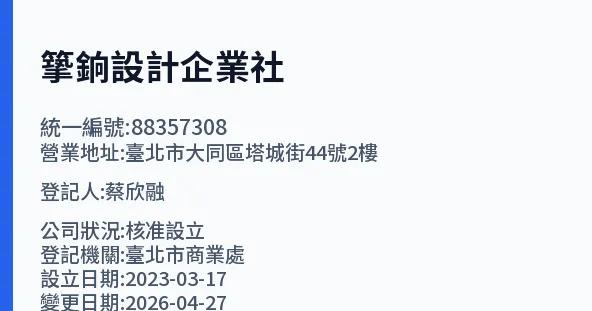 篫銄設計企業社的照片-統編 88357308(臺北市) 公司登記資料與營業項目詳細圖表