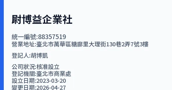 尉博益企業社的照片-統編 88357519(臺北市) 公司登記資料與營業項目詳細圖表