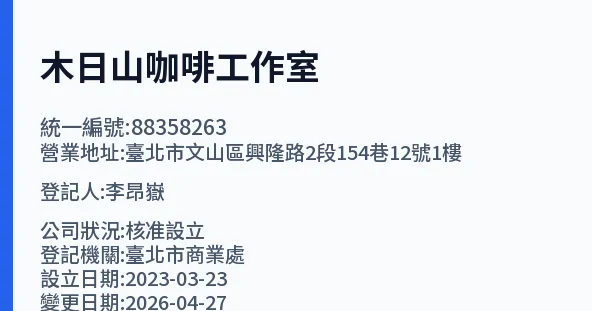 木日山咖啡工作室的照片-統編 88358263(臺北市) 公司登記資料與營業項目詳細圖表