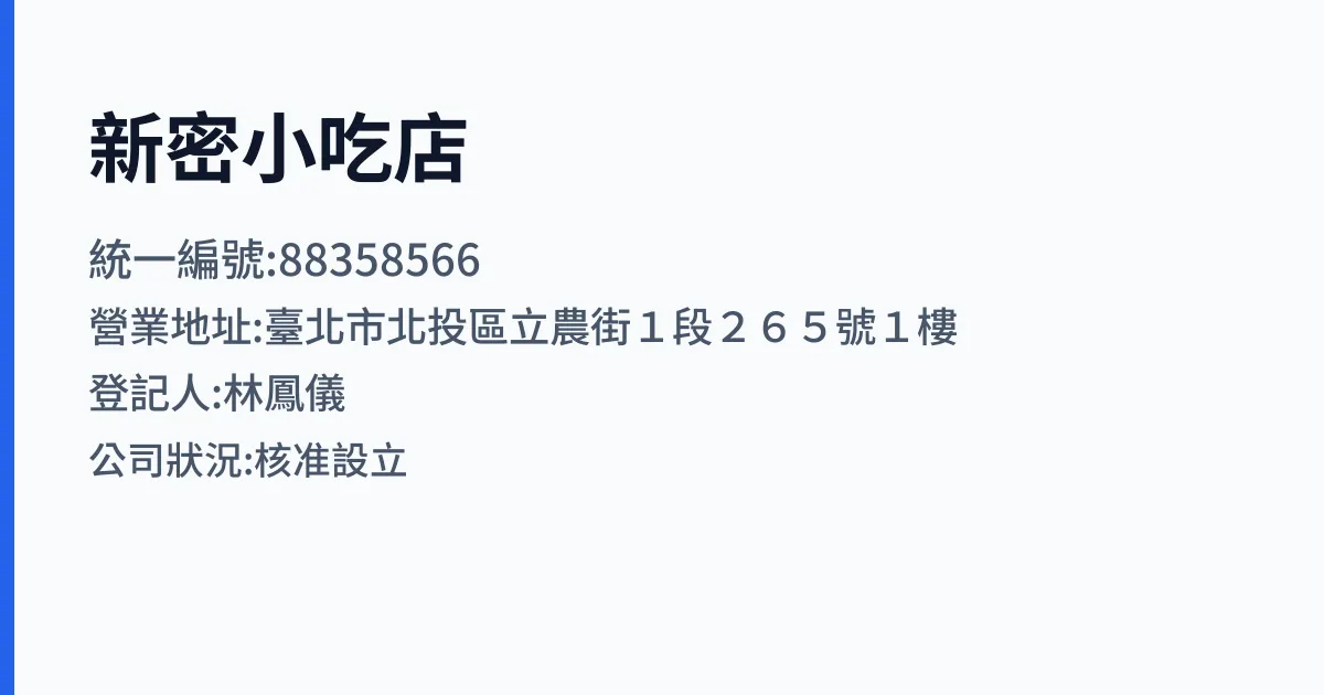 新密小吃店 - 統編 88358566(臺北市) 公司登記資料與營業項目詳細圖表
