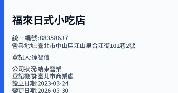 福來日式小吃店的照片-統編 88358637(臺北市) 公司登記資料與營業項目詳細圖表