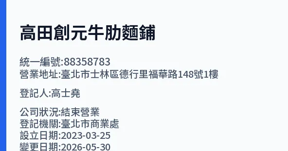 高田創元牛肋麵鋪的照片-統編 88358783(臺北市) 公司登記資料與營業項目詳細圖表