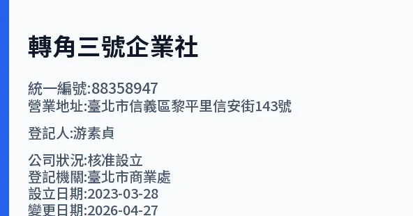 轉角三號企業社的照片-統編 88358947(臺北市) 公司登記資料與營業項目詳細圖表