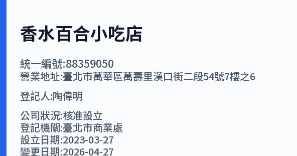 香水百合小吃店的照片-統編 88359050(臺北市) 公司登記資料與營業項目詳細圖表