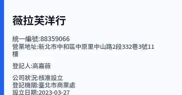 薇拉芙洋行的照片-統編 88359066(新北市) 公司登記資料與營業項目詳細圖表