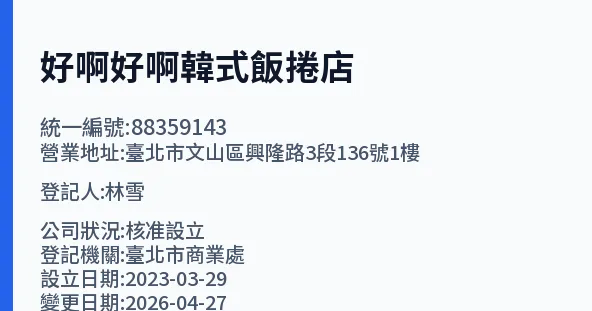 好啊好啊韓式飯捲店的照片-統編 88359143(臺北市) 公司登記資料與營業項目詳細圖表