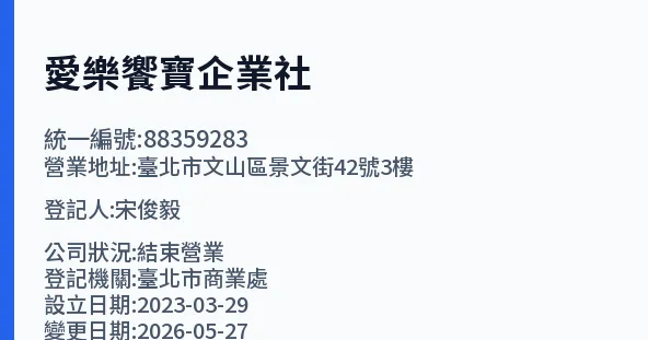 愛樂饗寶企業社的照片-統編 88359283(臺北市) 公司登記資料與營業項目詳細圖表