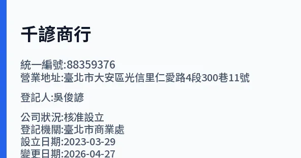 千諺商行的照片-統編 88359376(臺北市) 公司登記資料與營業項目詳細圖表