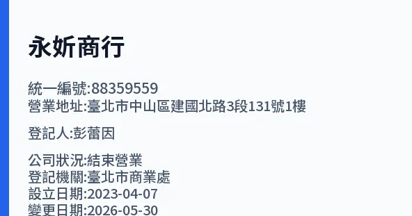 永妡商行的照片-統編 88359559(臺北市) 公司登記資料與營業項目詳細圖表