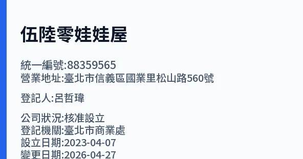 伍陸零娃娃屋的照片-統編 88359565(臺北市) 公司登記資料與營業項目詳細圖表