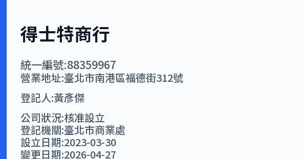 得士特商行的照片-統編 88359967(臺北市) 公司登記資料與營業項目詳細圖表
