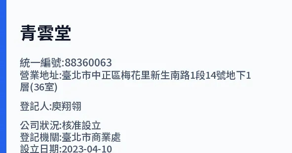 青雲堂的照片-統編 88360063(臺北市) 公司登記資料與營業項目詳細圖表