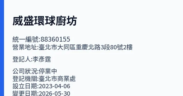 威盛環球廚坊的照片-統編 88360155(臺北市) 公司登記資料與營業項目詳細圖表