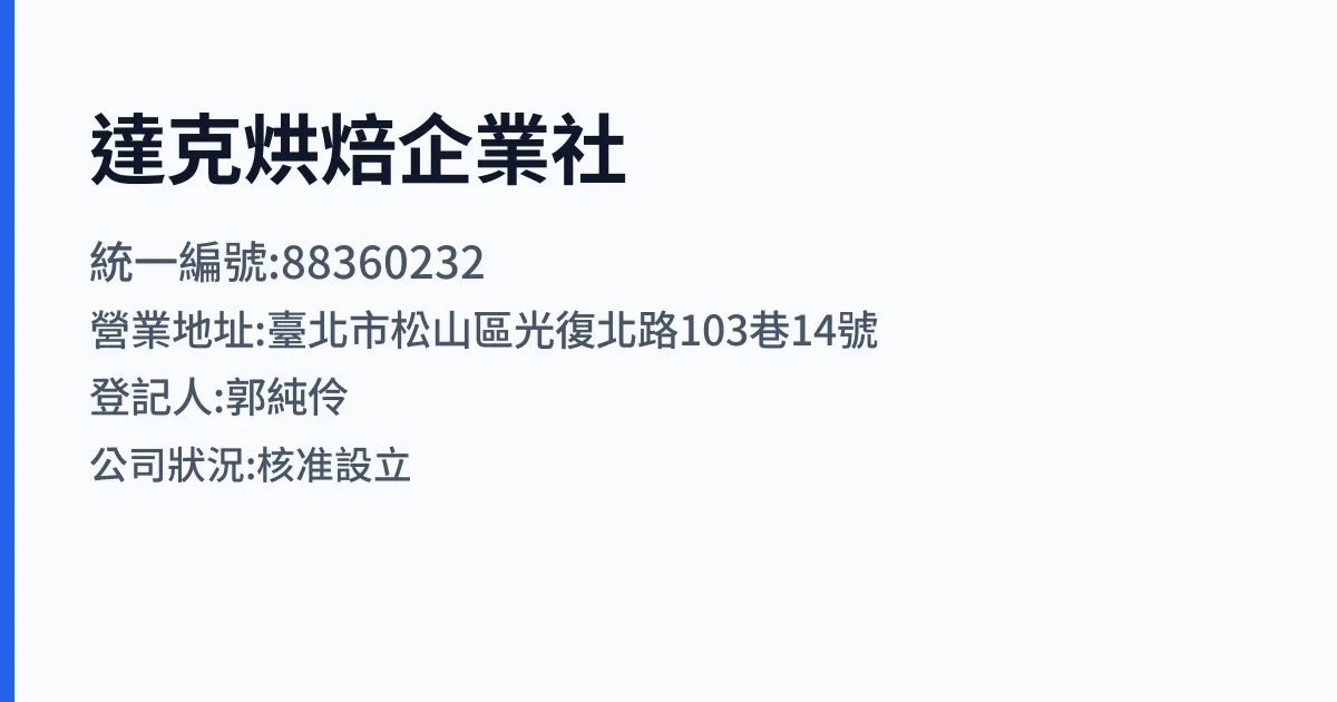 達克烘焙企業社 - 統編 88360232(臺北市) 公司登記資料與營業項目詳細圖表