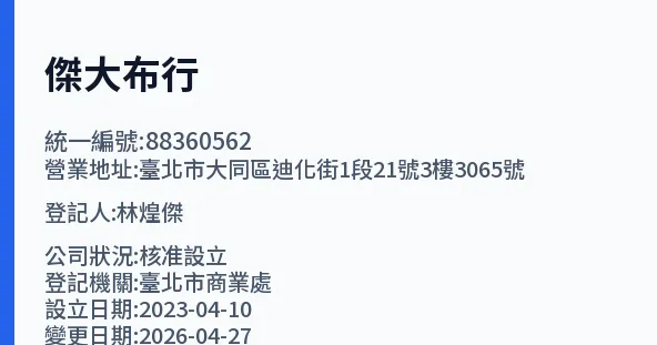 傑大布行的照片-統編 88360562(臺北市) 公司登記資料與營業項目詳細圖表