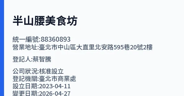 半山腰美食坊的照片-統編 88360893(臺北市) 公司登記資料與營業項目詳細圖表
