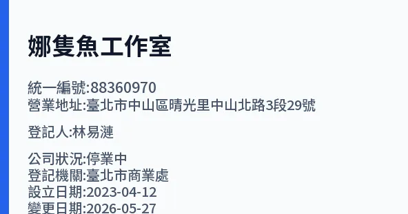 娜隻魚工作室的照片-統編 88360970(臺北市) 公司登記資料與營業項目詳細圖表