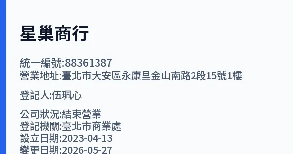 星巢商行的照片-統編 88361387(臺北市) 公司登記資料與營業項目詳細圖表