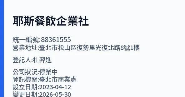 耶斯餐飲企業社的照片-統編 88361555(臺北市) 公司登記資料與營業項目詳細圖表
