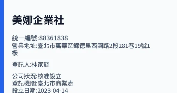 美娜企業社的照片-統編 88361838(臺北市) 公司登記資料與營業項目詳細圖表
