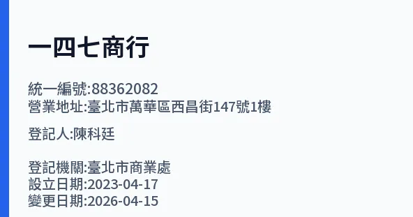 一四七商行的照片-統編 88362082(臺北市) 公司登記資料與營業項目詳細圖表
