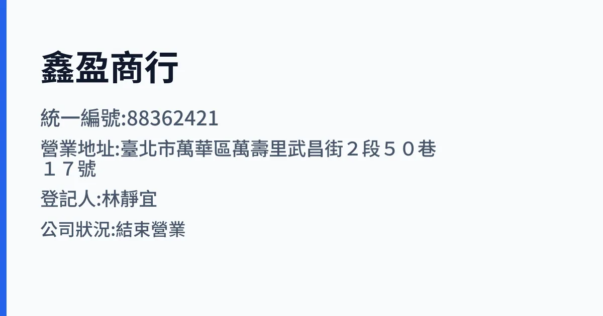 鑫盈商行 - 統編 88362421(臺北市) 公司登記資料與營業項目詳細圖表