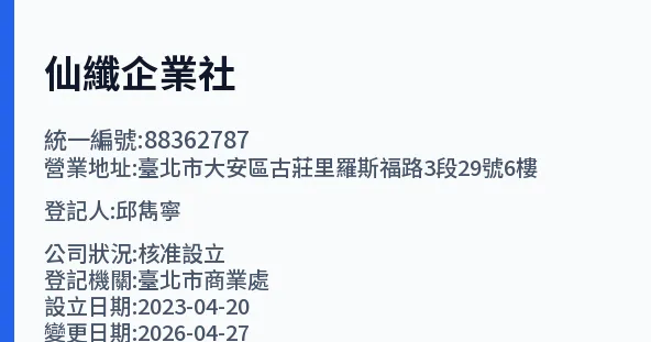 仙纖企業社的照片-統編 88362787(臺北市) 公司登記資料與營業項目詳細圖表