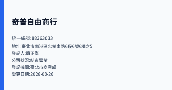 奇普自由商行的照片-統編 88363033(臺北市) 公司登記資料與營業項目詳細圖表