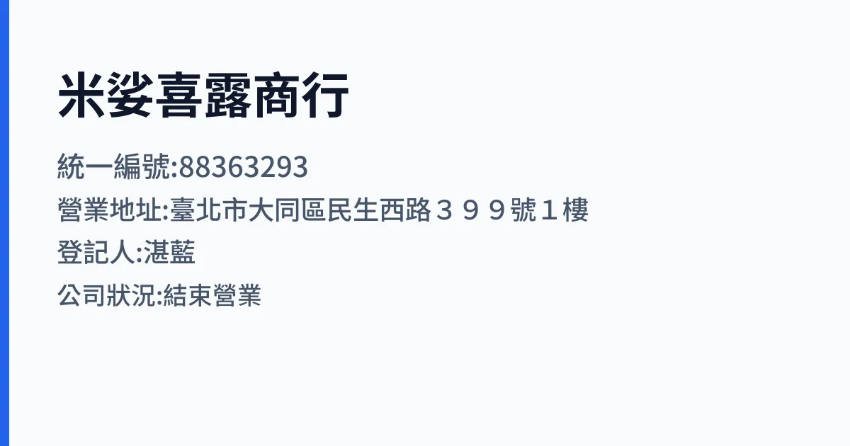 米娑喜露商行 - 統編 88363293(臺北市) 公司登記資料與營業項目詳細圖表