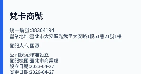 梵卡商號的照片-統編 88364194(臺北市) 公司登記資料與營業項目詳細圖表