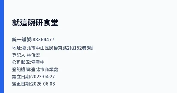 就這碗研食堂的照片-統編 88364477(臺北市) 公司登記資料與營業項目詳細圖表